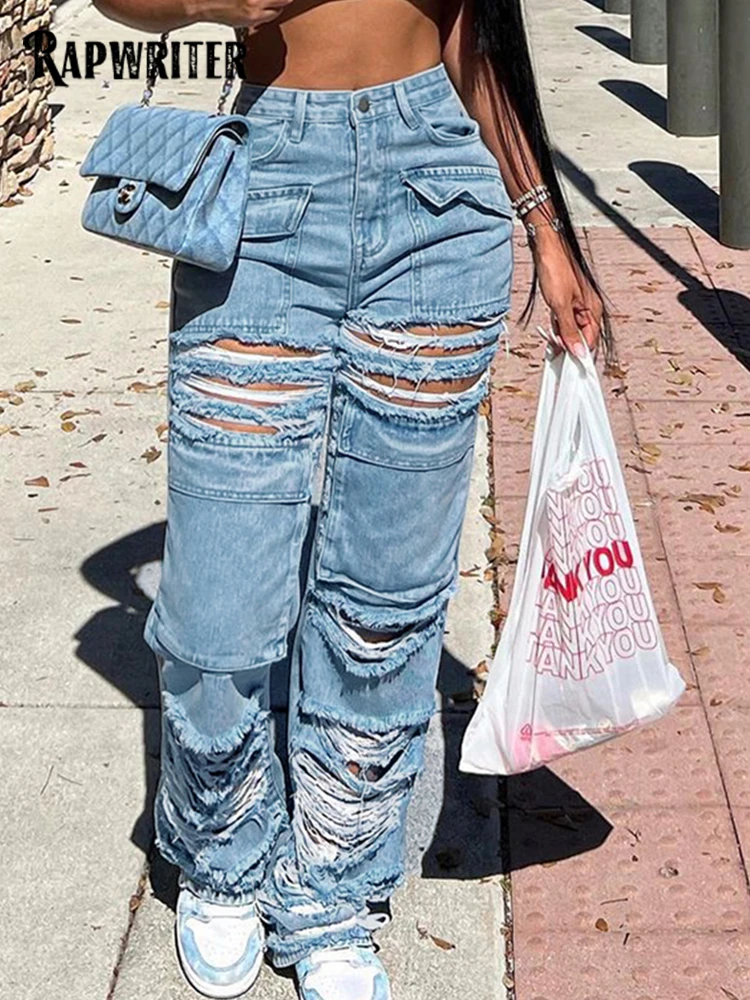 Rapwriter-Retro-Straight-Hollow-Out-Jeans-High-Waist-Grunge-Pockets ...