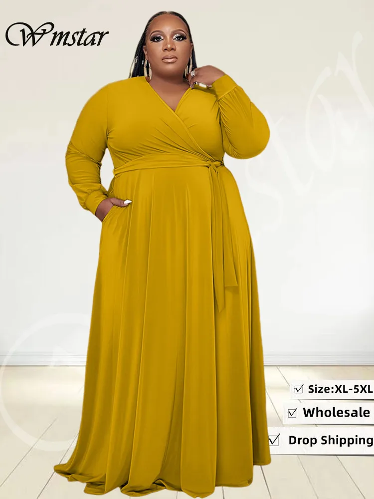 Wmstar Plus Size Dresses For Women V Neck With Bandage Fall Clothes