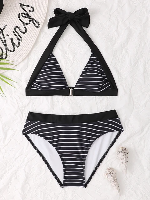 Halter Bikinis 2023 Women Striped Swimwear High Waist Swimsuit Female ...
