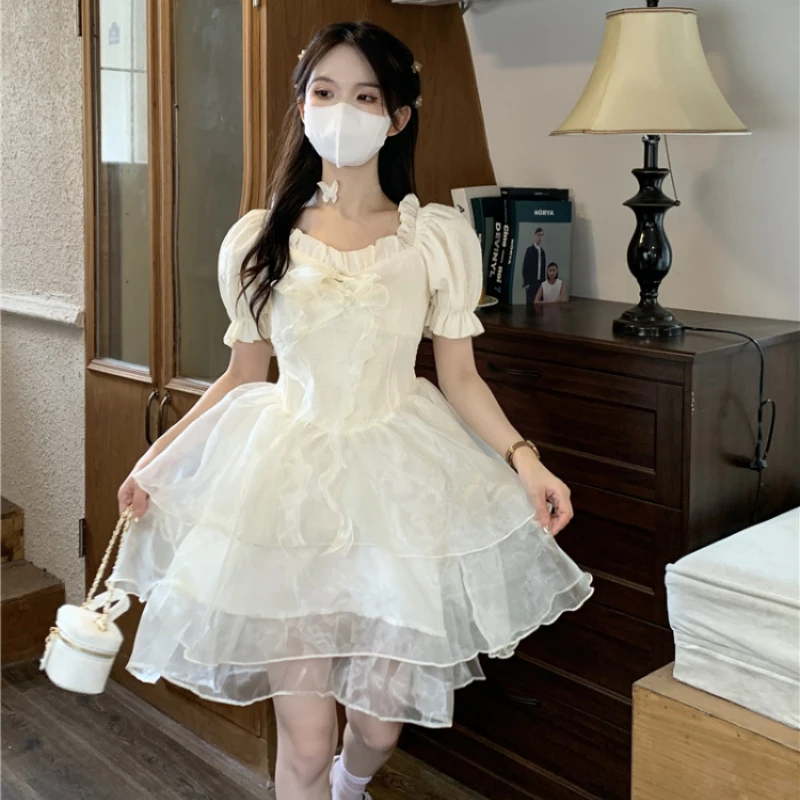 여성용 빈티지 페어리코어 화이트 로리타 드레스 한국 스타일 귀여운 일본 스위트 보우 주름 메쉬 퍼프 슬리브 미니 공주 드레스