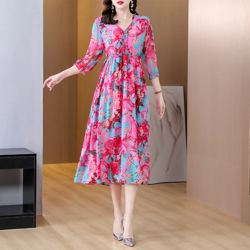 Spring-Summer-Floral-Silk-ShortSleeve-Midi-Dress-Women-Boho-Fashion ...