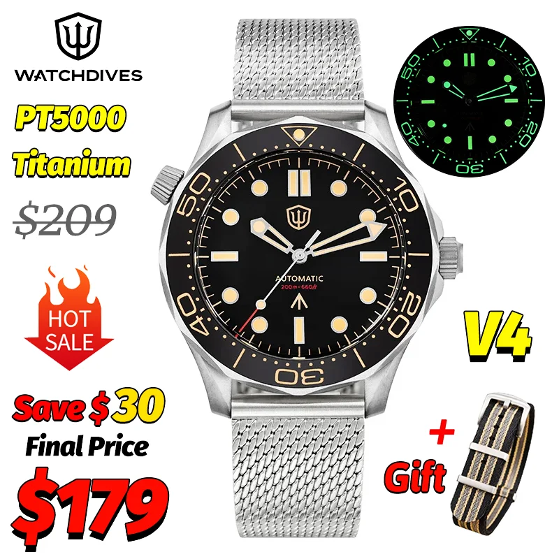 Watchdives WD007 V4 42Mm 007 NTTD Titanium Watch PT5000 Automatic ...
