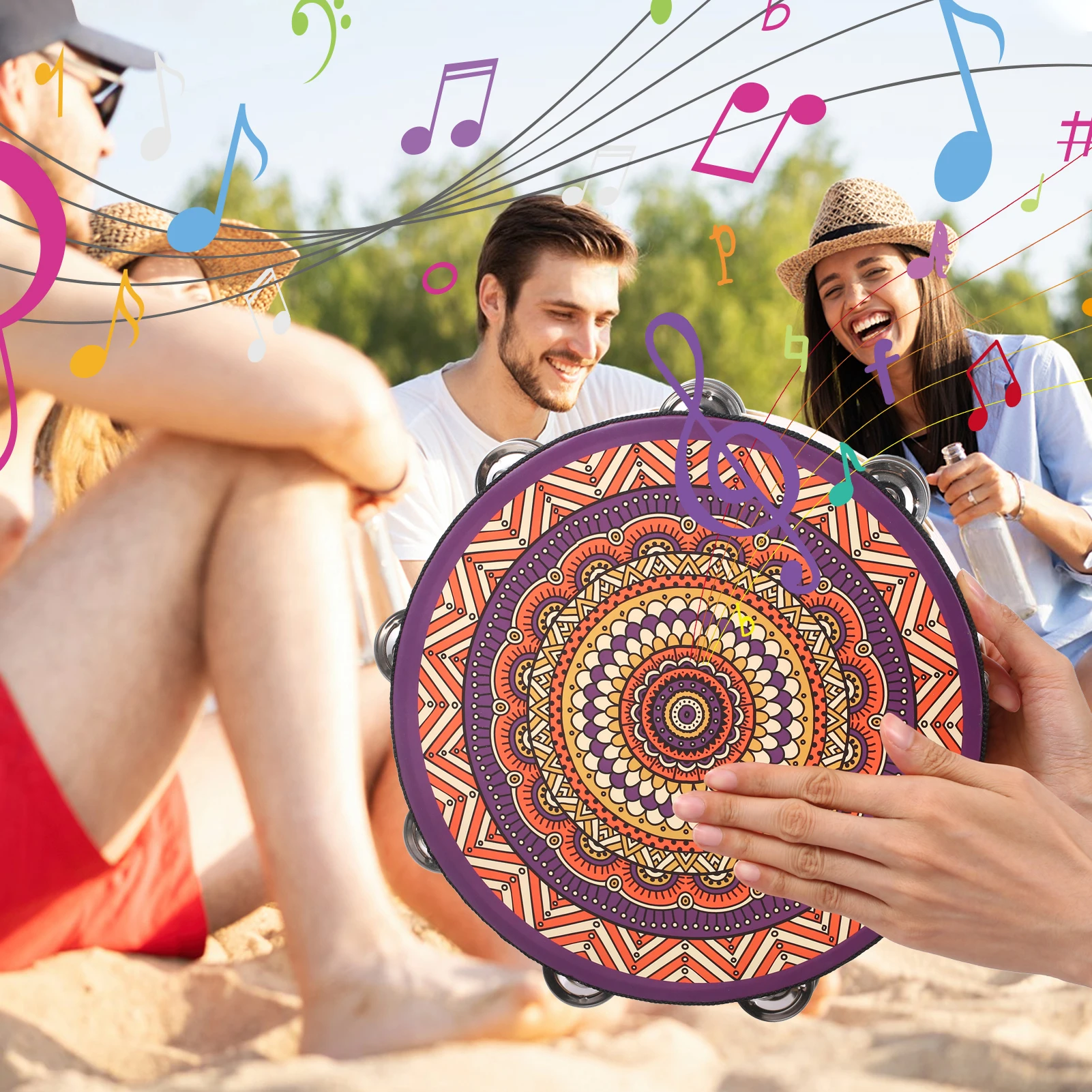 7-8-10-Inch-Wooden-Tambourine-Handbell-Hand-Drum-with-Double-Row-16pcs ...