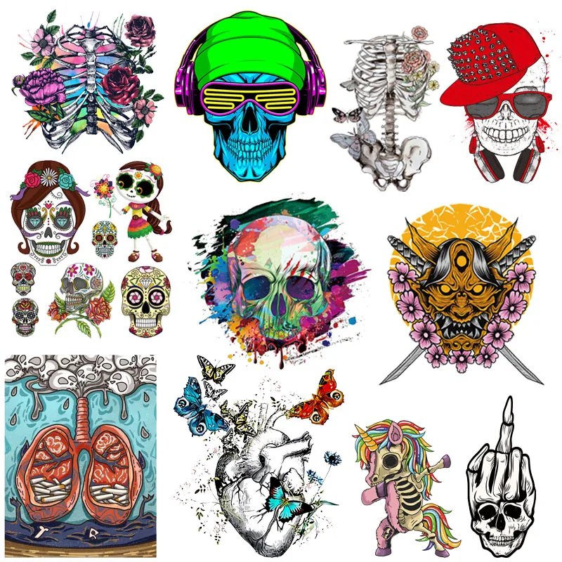 Punk-Skull-Heat-Thermal-Transfer-For-T-Shirt-Clothing-Heart-Skeleton ...