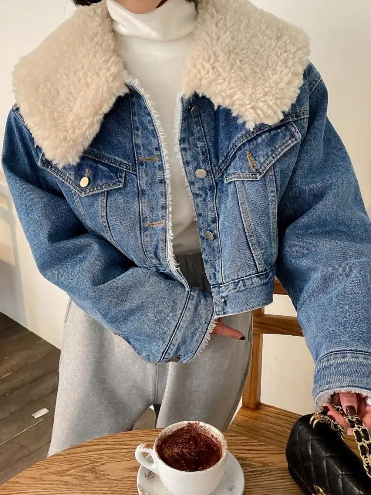 New Autumn Winter Women Blue Lambs Wool Thick Denim Jacket Loose Jean ...