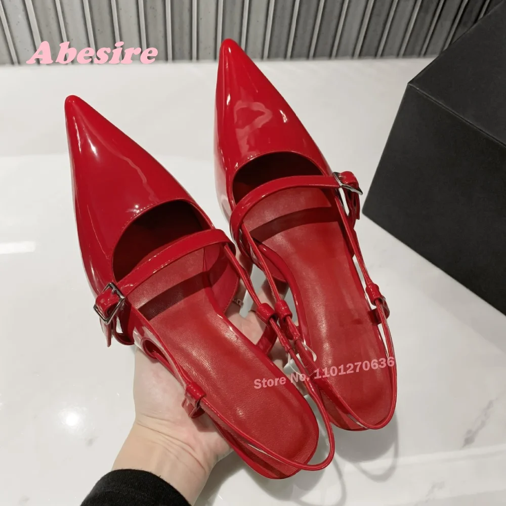 Red-Glossy-Slingback-Pumps-Pointed-Toe-Patent-Leather-Buckle-Strap ...