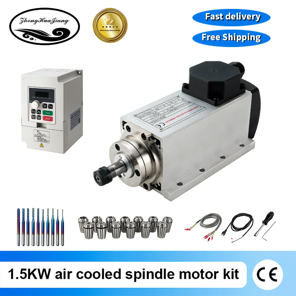 Zhong Hua Jiang CNC Spindle Motor Kit 1.5KW 1500W 220V Square Air Cooled Motor+VFD Inverter+ ...