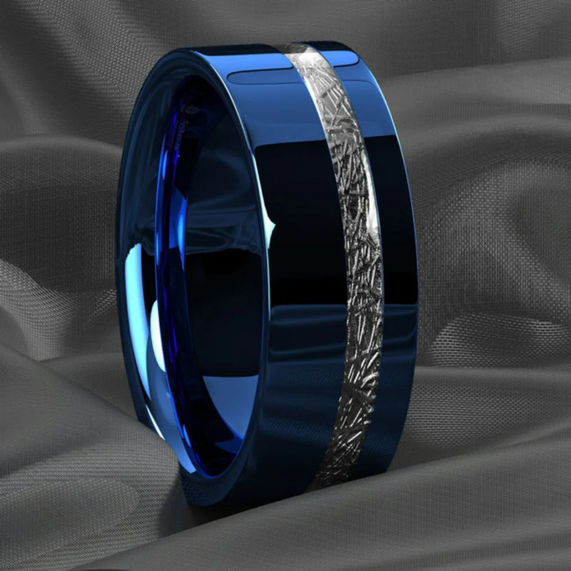 New Vintage 8mm Blue Polished Stainless Steel Ring Center Groove Inlay ...