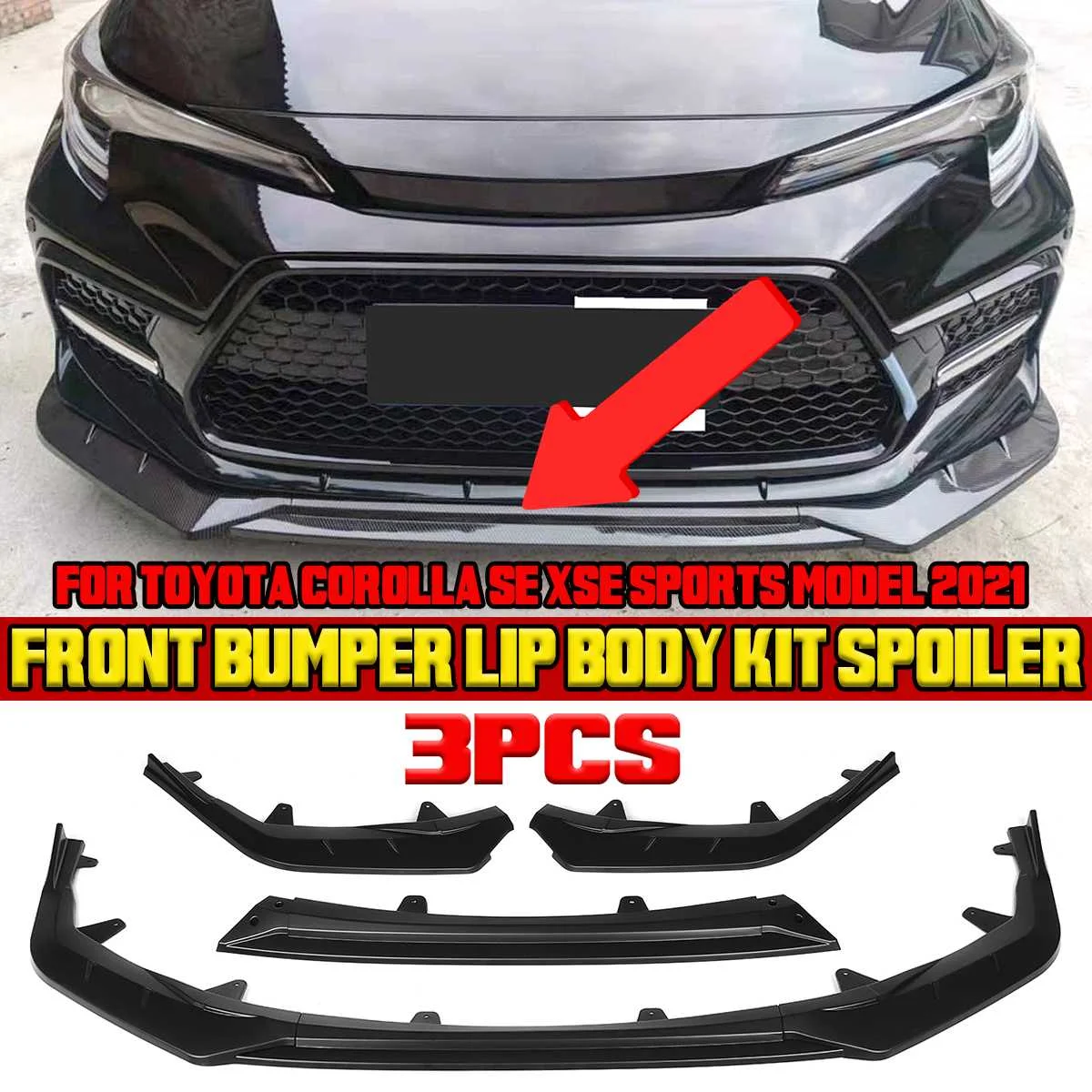 3PCS-Black-Carbon-Fiber-Look-Car-Front-Bumper-Lip-Spoiler-Body-Kit ...