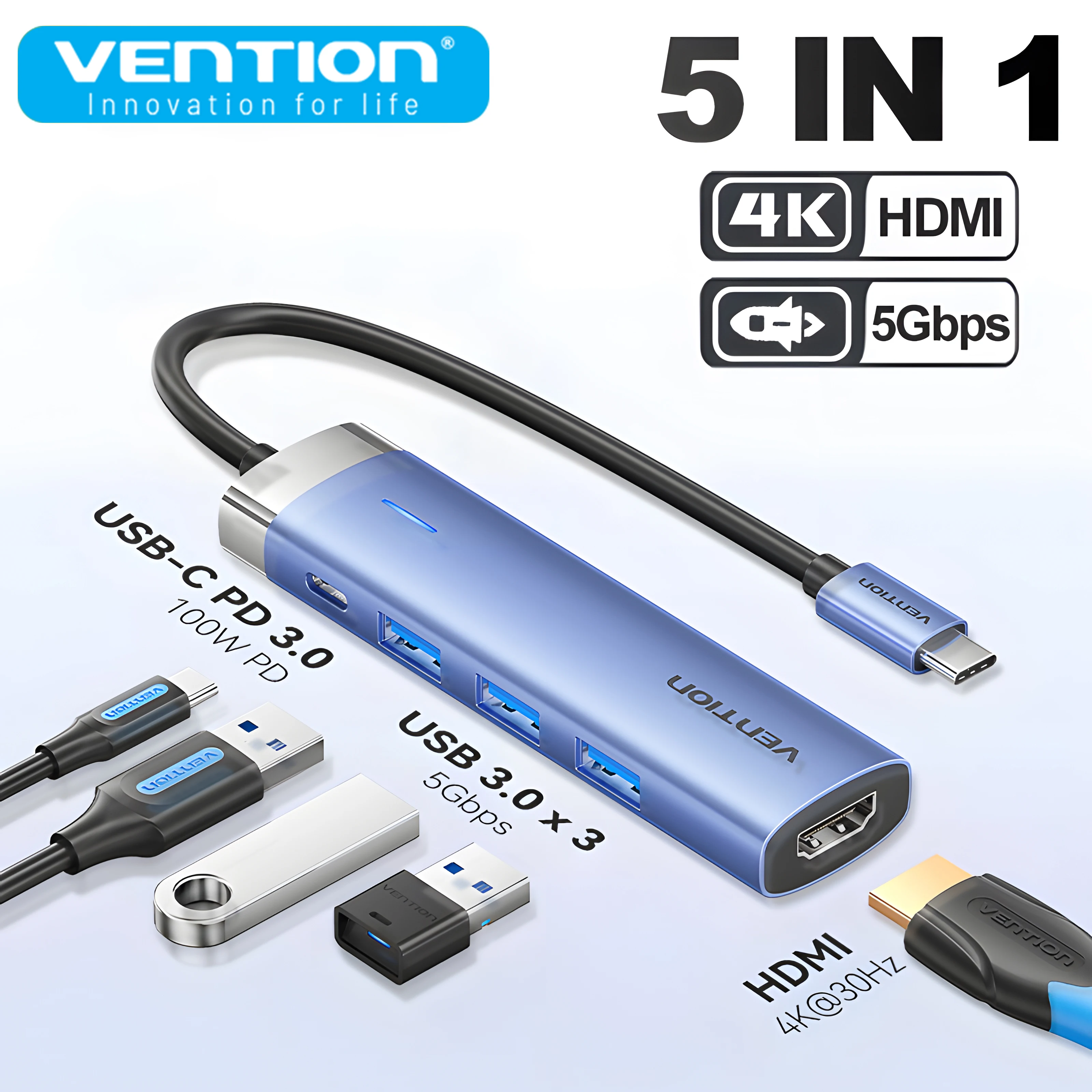 Vention New! 5 in 1USB C HUB HDMI 4K PD 100W USB 3.0 5Gbps Expansion ...