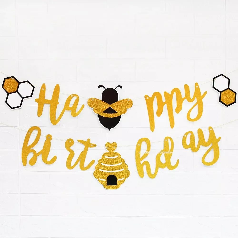 Happy-Birthday-Banner-Glitter-Golden-Bee-Theme-Happy-Bee-Day-Kids ...