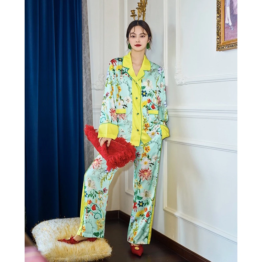 Satin-Pajamas-Set-Spring-Autumn-Home-Suit-with-Pant-Women-s-Green-Print ...