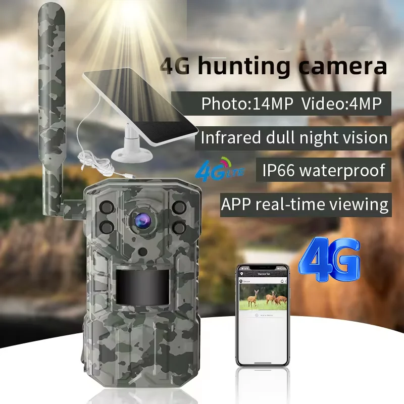 14MP 4G SIM Card Solar Hunting Trail Camera IP66 Waterproof 20M PIR ...