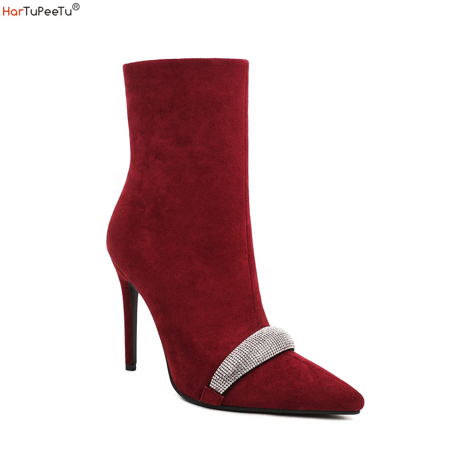 Elegant Red Black Ankle Boots Women Crystal Ponted Toe High Heels Shoes ...