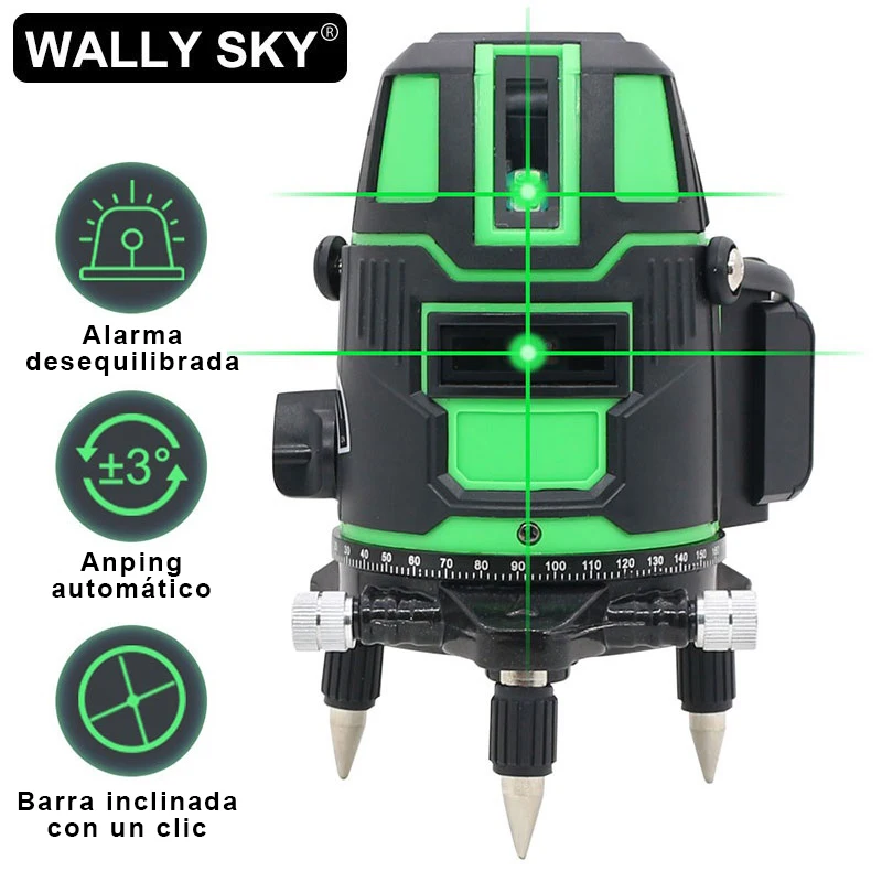 Nivel láser, Radio verde, 2/3/5 líneas cruzadas, autonivelante, 360 giratorio, interior ...