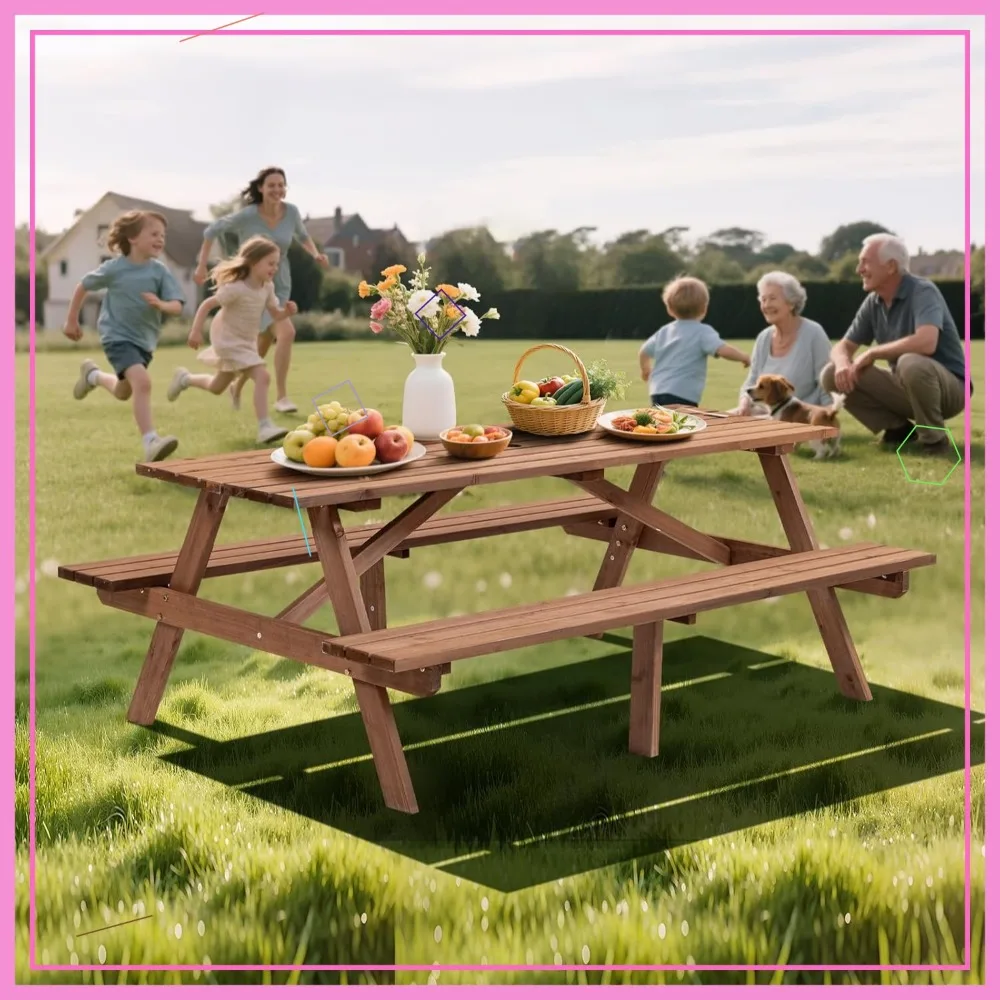 8-Person Outdoor Picnic Table with Benches, 75" x 50" Wooden Dining ...