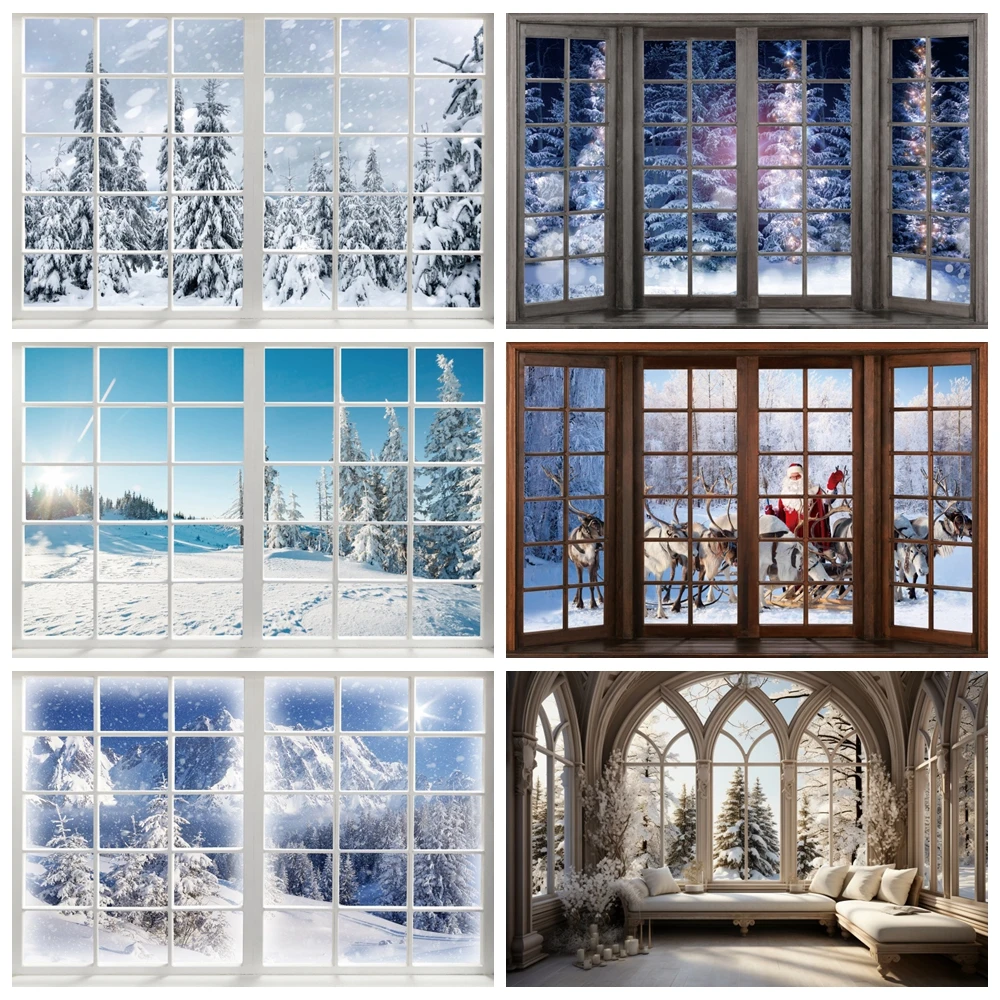 Window-Sill-Snow-Scenery-Christmas-Backdrop-Winter-Landscape-Pine-Tree ...