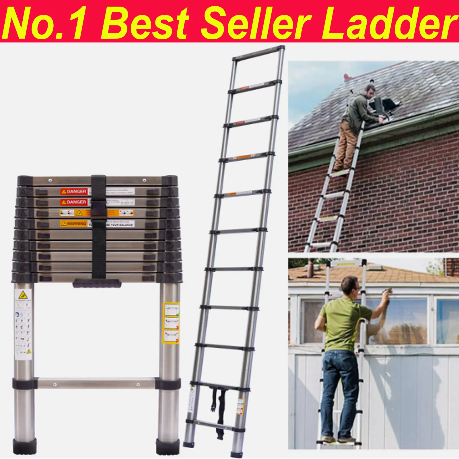 New-3-2M-Telescoping-Ladder-10-5ft-Stainless-Steel-Extension-Anti-Slip ...