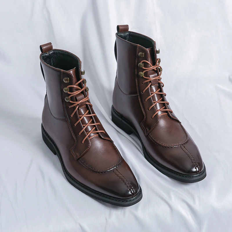 British-Style-Men-Brown-Leather-Boots-Pointed-Toe-Lace-up-Leather-Ankle ...