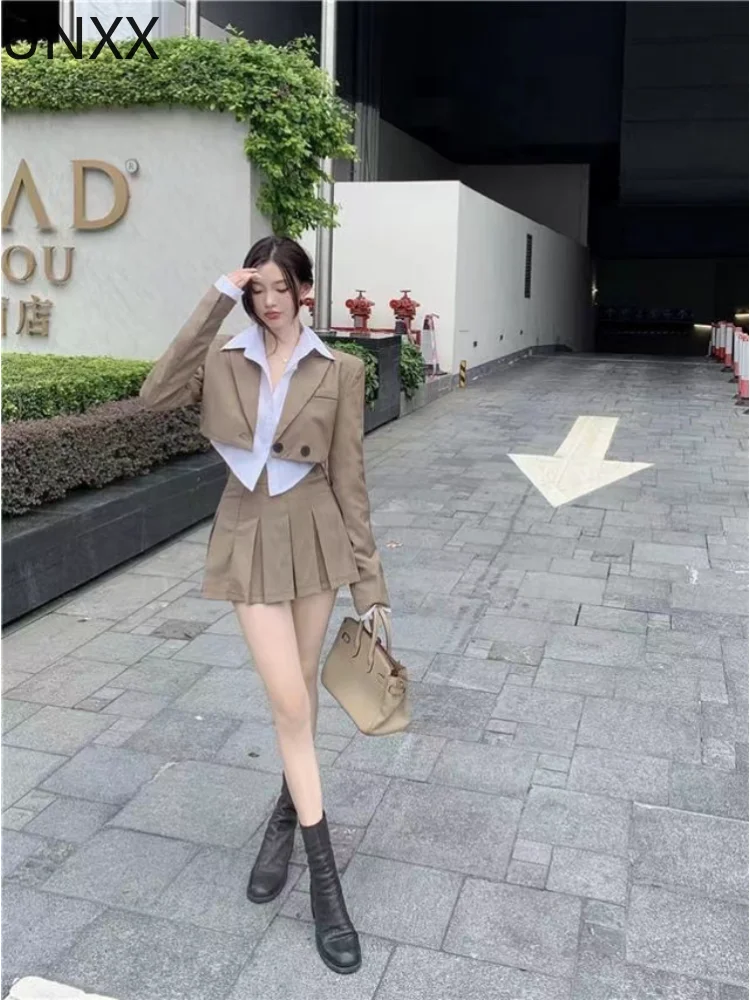 UNXX-Women-Suit-Crop-Blazer-Shirt-Skirt-3-Pieces-Khaki-Set-Skinny-Woman ...