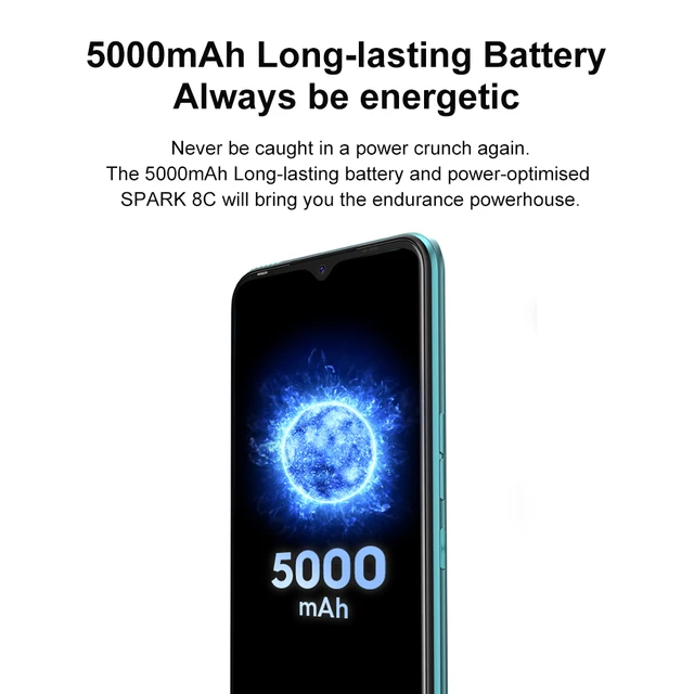 NEW Original Tecno SPARK 8C 4+ 64GB Cell Phones Unisoc T606 Mobile HD+ 6.6 Smartphone Battery ...