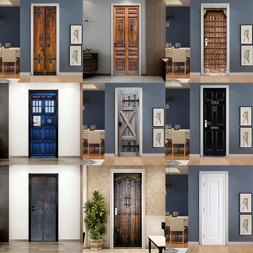 Self-adhesive Door Stickers Wood Grain Diy Retro Wooden Doors Sticker ...