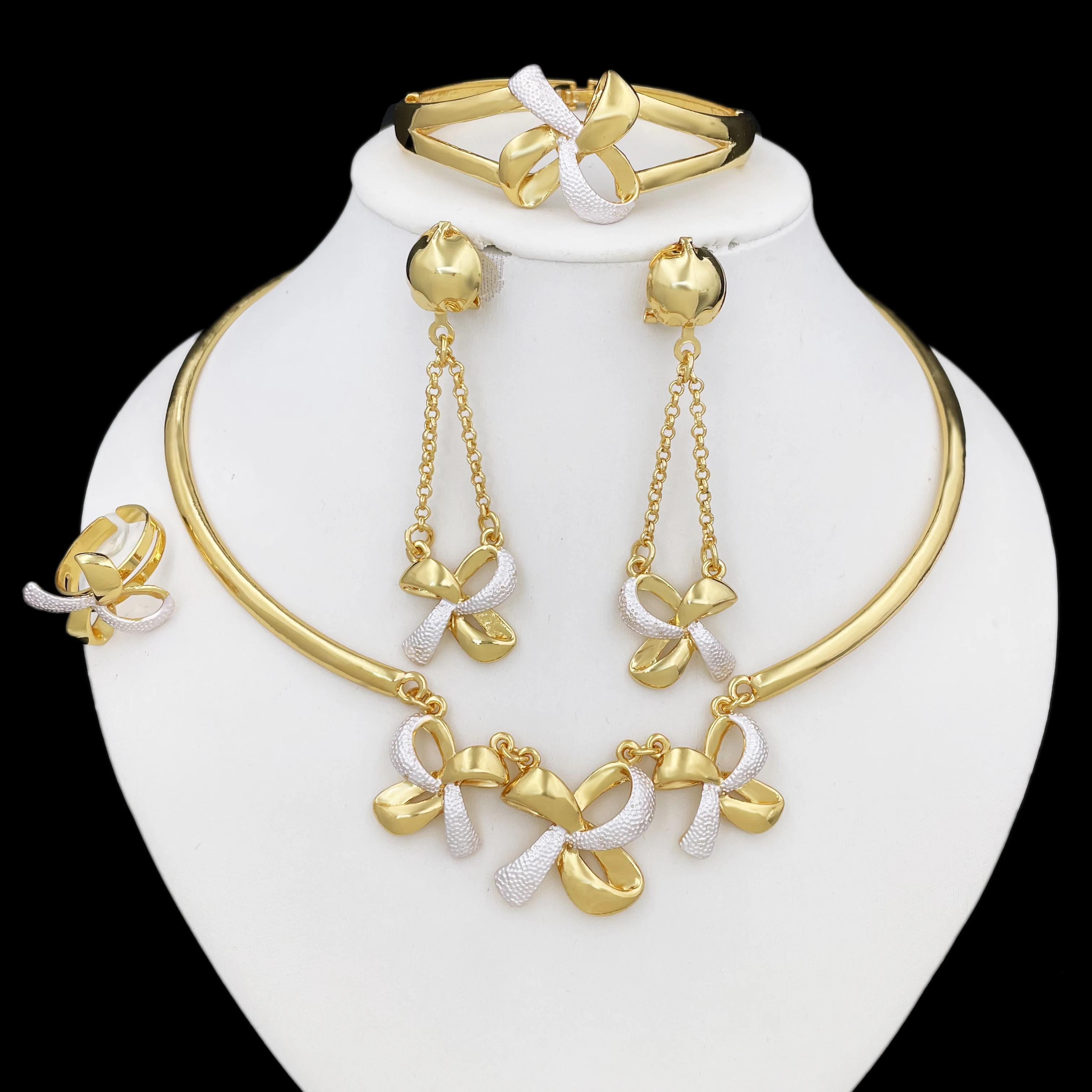 New-Women-Jewelry-Two-Tone-Classic-Design-Necklace-Set-Long-Drop ...