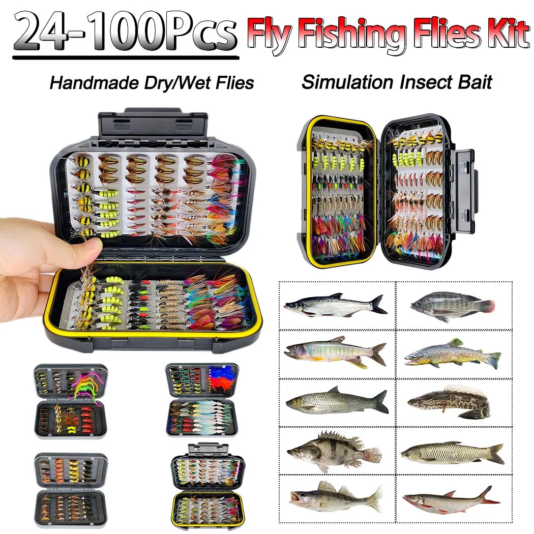 Fly Fishing Flies Kit, 24-100Pcs Fly Fishing Artificial Fly Baits Lures ...