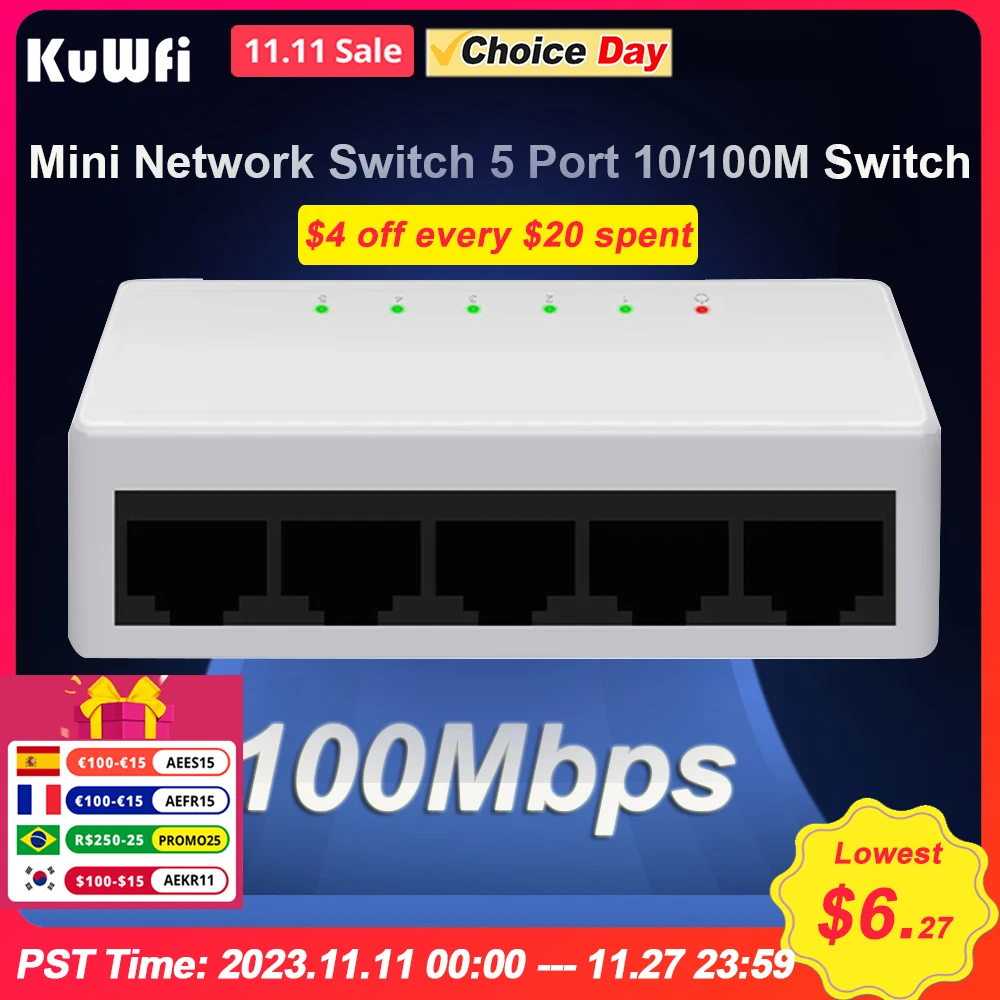 KuWFi-Ethernet-Switch-5-Ports-Network-Switch-Desktop-RJ45-10-100Mbps ...