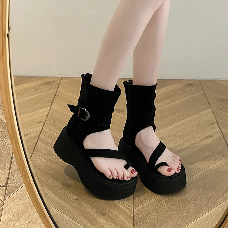 Dark Gothic Hollow Sandals Women Thick Sole Metal Buckle Punk Style ...