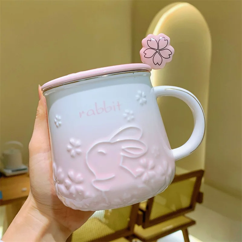 Taza de cerámica de cerezas del Año del Conejo, taza creativa de café para pareja, té, agua ...