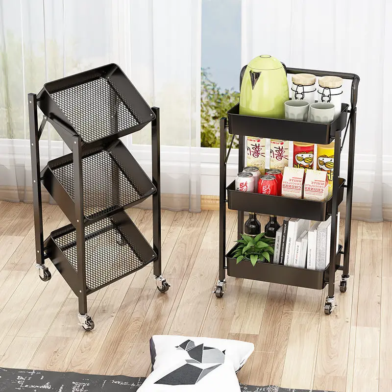 Carbon steel kitchen cart foldable 2/3/4 tier vegetable fruit grocery ...