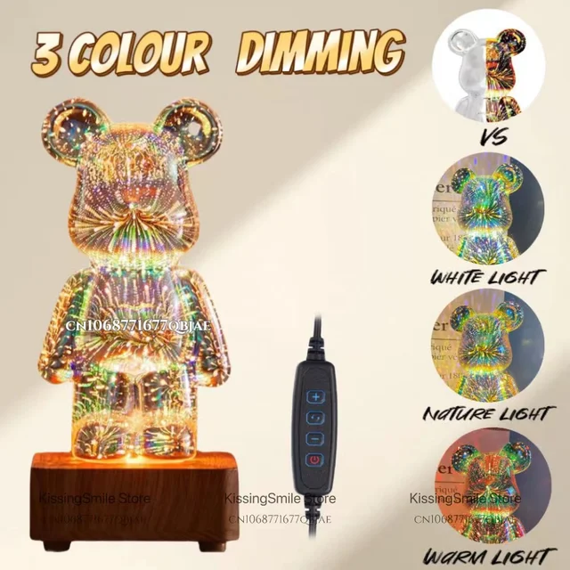 LED 3D Bear Firework Glass Lamp Cute Night Light Bedside Table Colorful ...