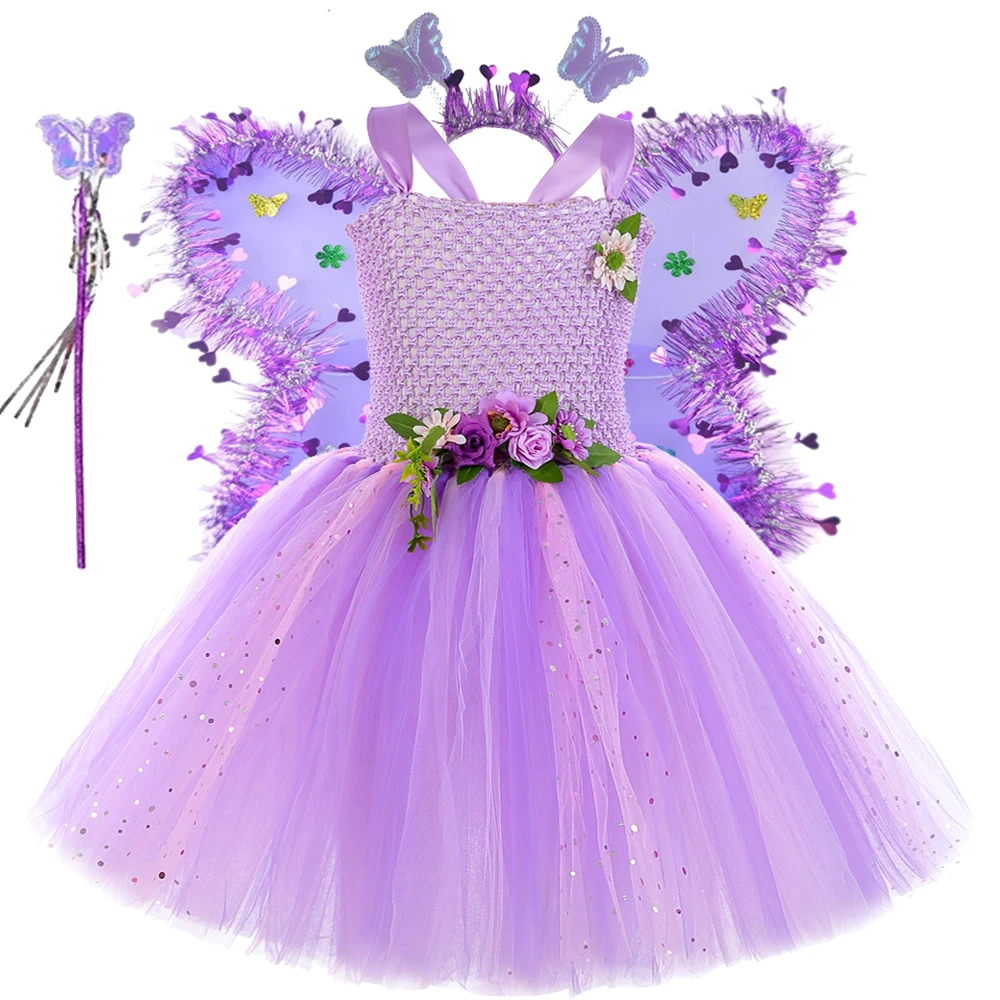 Twinkling Lavender Flower Fairy Costumes for Girls Green Tinker Bel ...