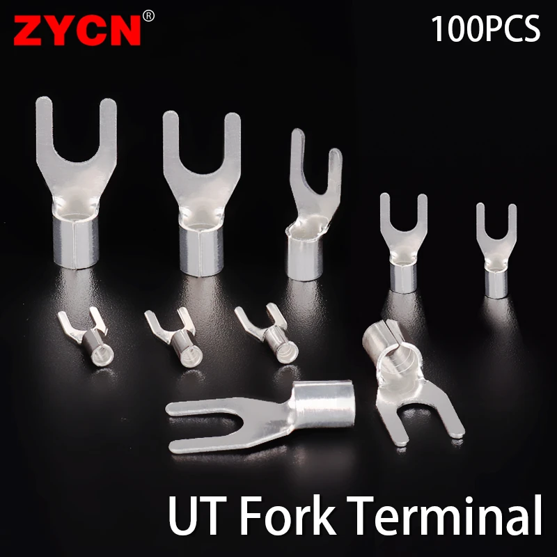 100PCS Cable Connector Crimp UT Copper 0.5/1 4/1.5 3 Non Insulated Fork ...