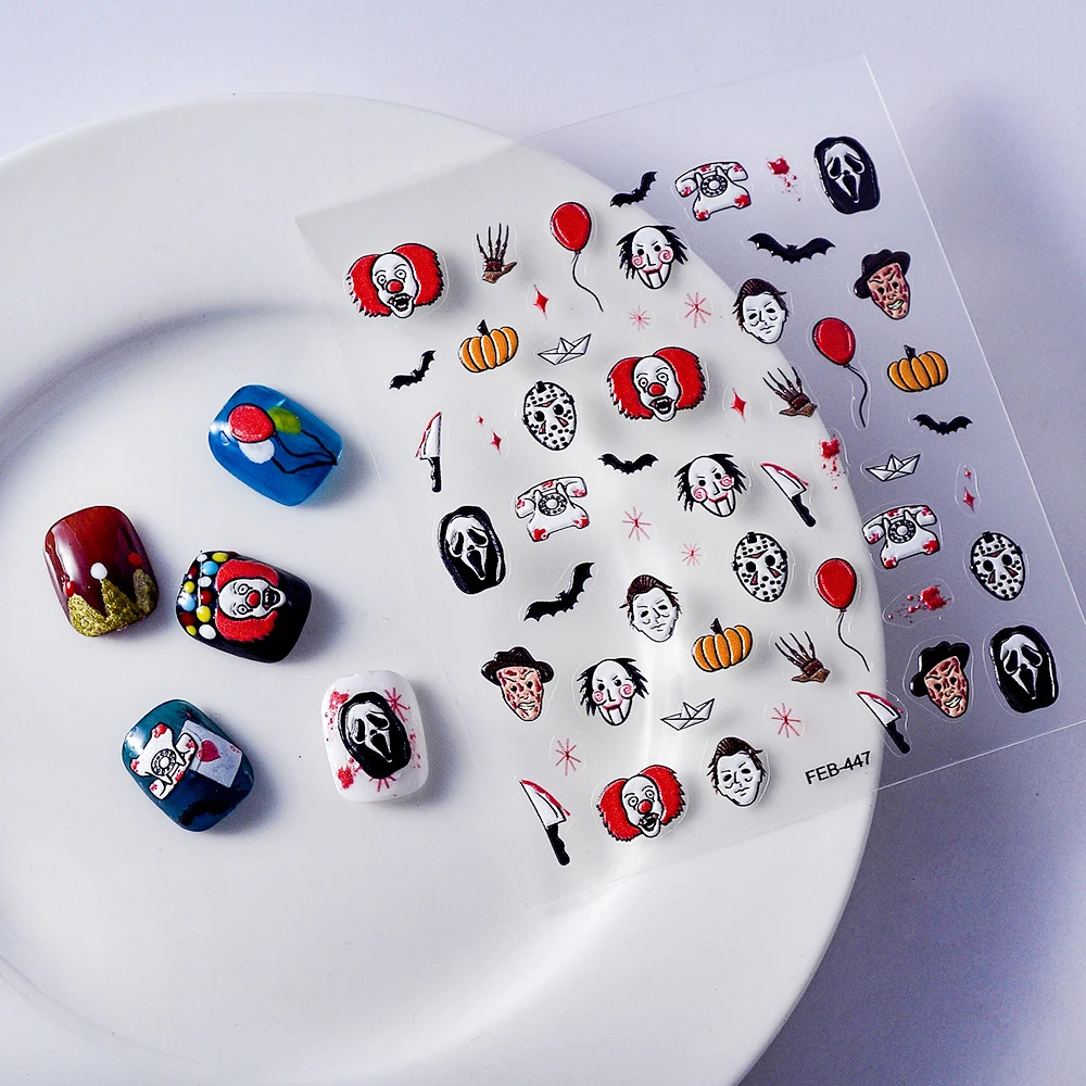 Dark Halloween 5D Scary Ghost Zombies Dagger Clown Reliefs Nail Art ...