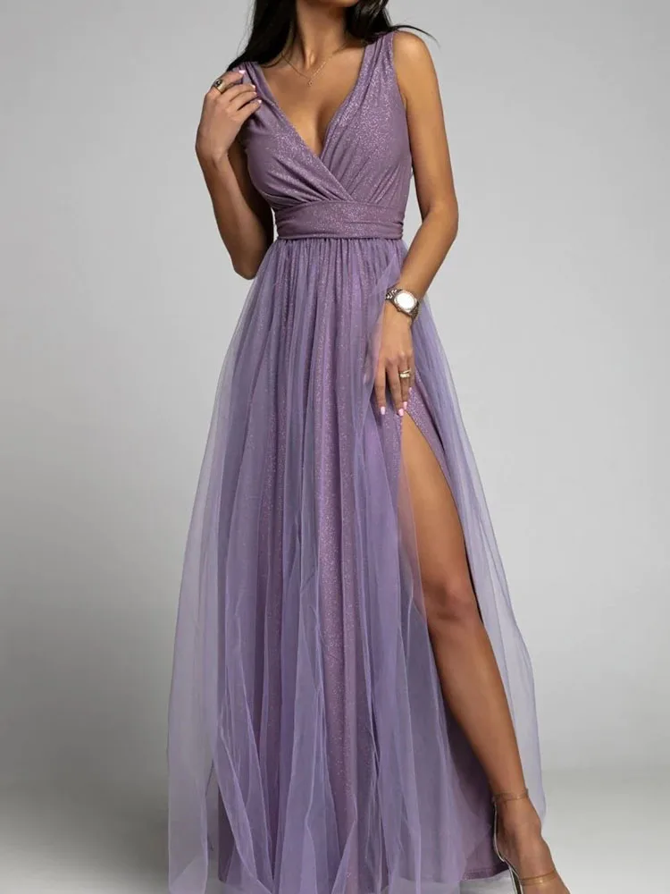 New Solid Lace Mesh Ladies Robe Dress Sexy Sleeveless Folds Maxi ...