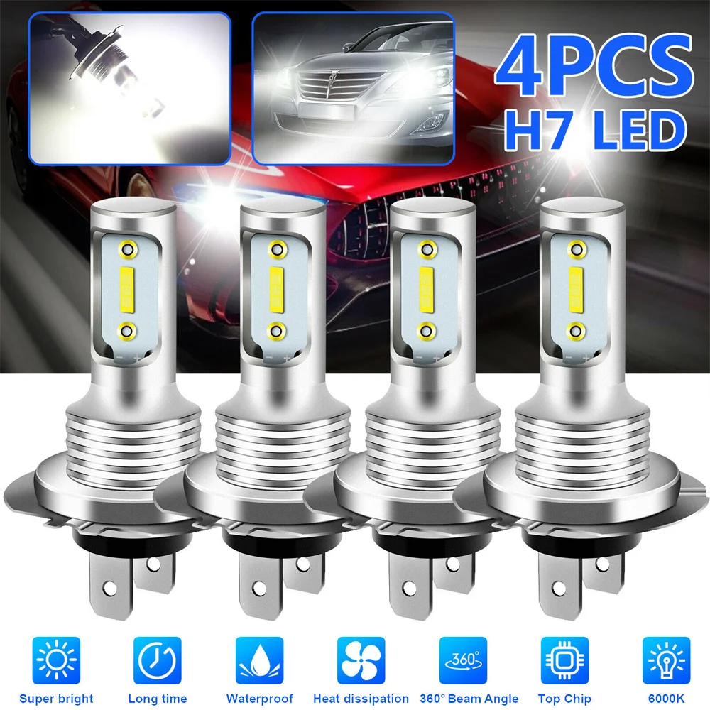 4 pacote h7 led farol lâmpadas kit alto baixo feixe 6500k super branco ...