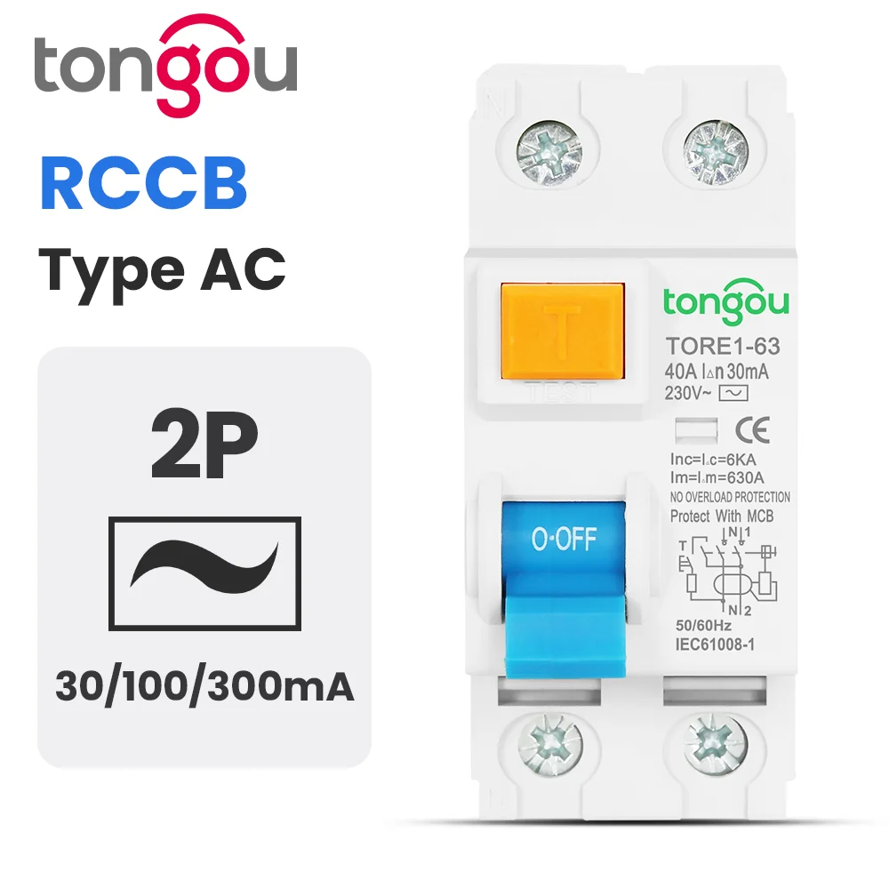 TONGOU AC Type RCD RCCB ELCB Circuit Breaker 2P 10mA 30mA 100mA 300mA ...