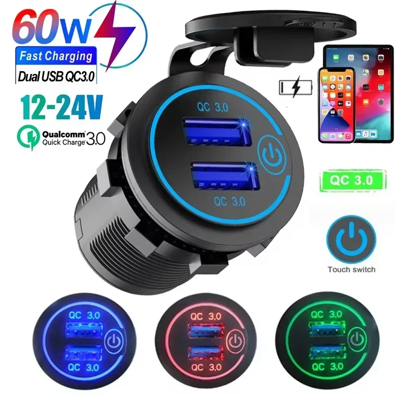 60W Dual QC 3.0 Dual USB Fast Car Charger Socket 12V/24V Waterproof ...