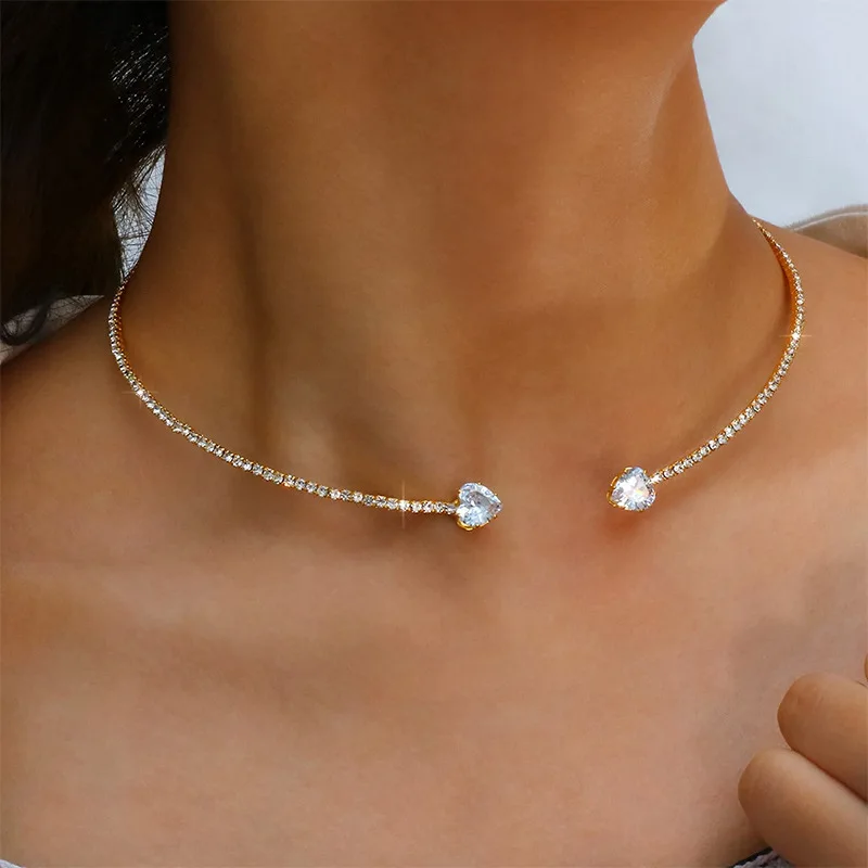 Fashion-Rhinestone-Heart-Collar-Choker-Necklace-for-Women-Simple-Open ...