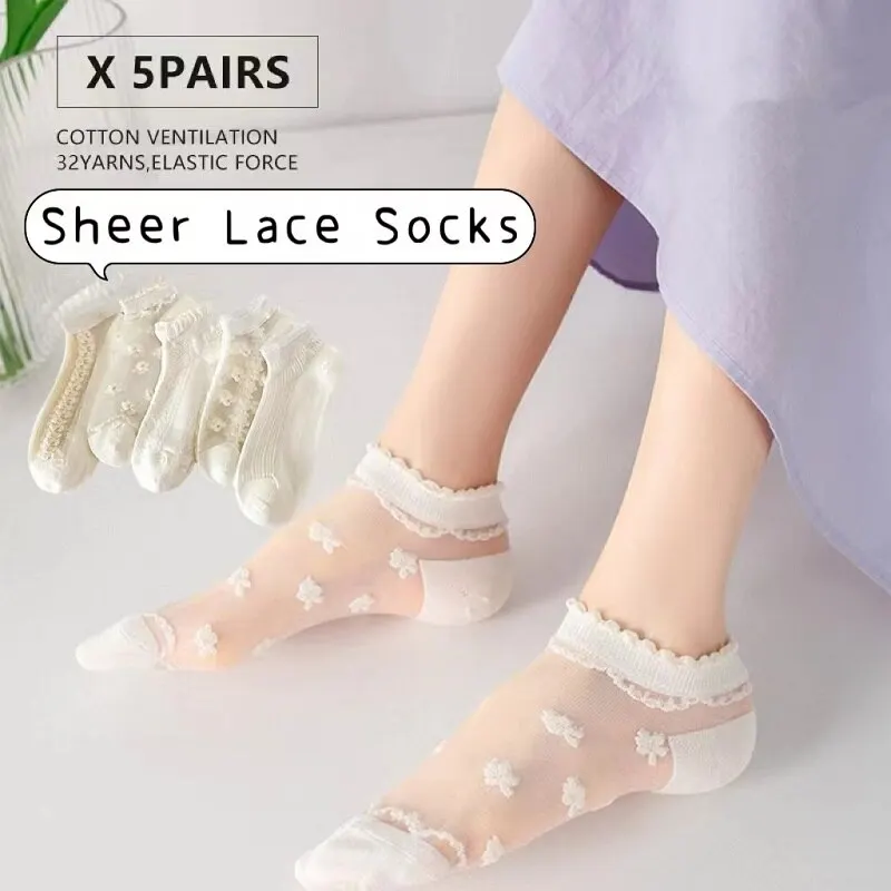 5-Pairs-Women-Socks-Free-Size-White-Ultrathin-Cute-Transparent-Crystal ...