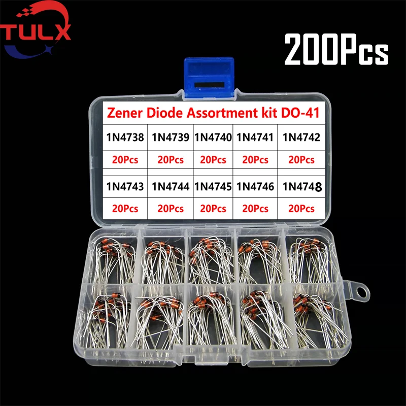 Kit de surtido de diodos Zener, 200Pcs10 valores, 1N4738 1N4739 1N4740 ...