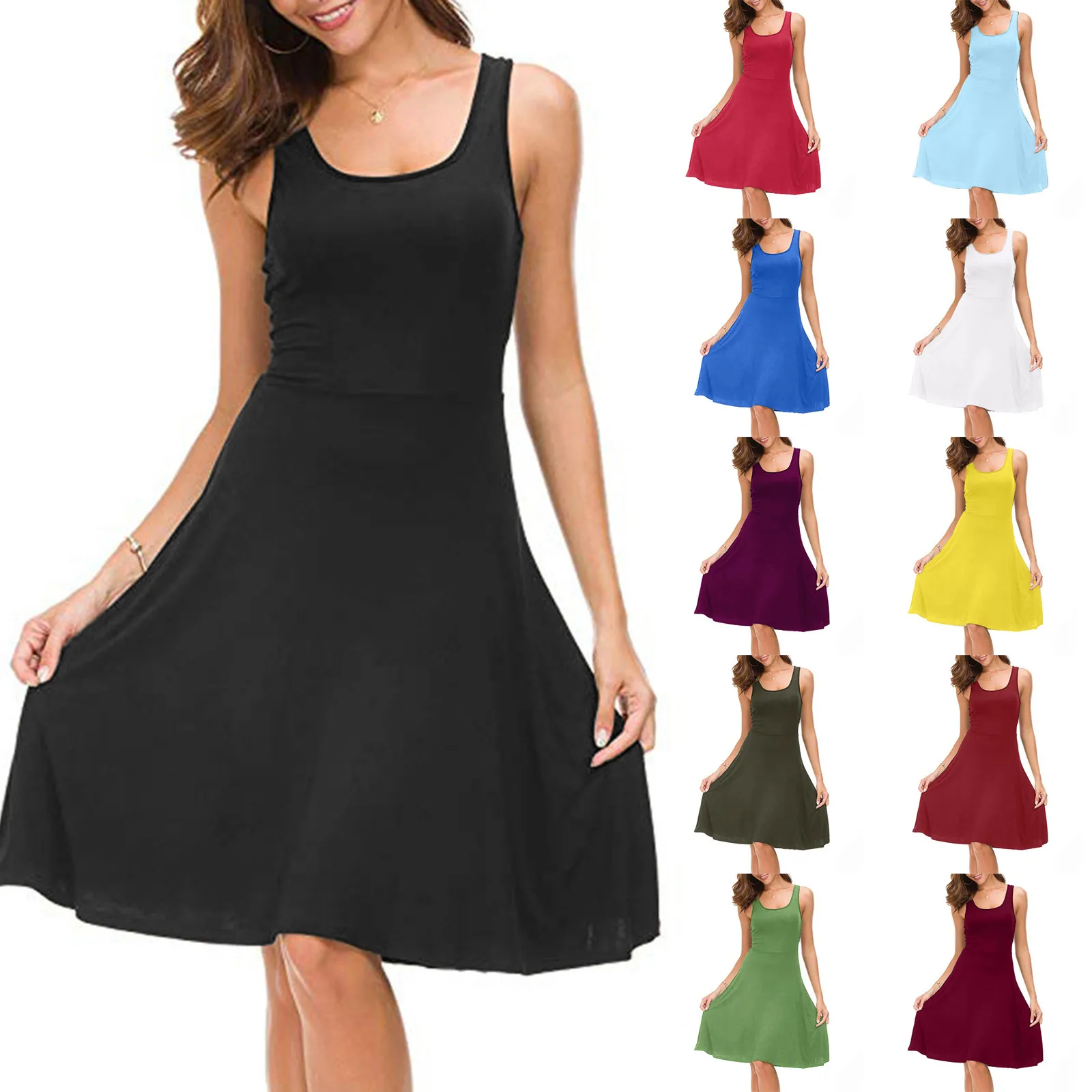 Casual-Sundress-Female-Women-s-Fashion-Solid-Color-O-neck-Sleeveless ...