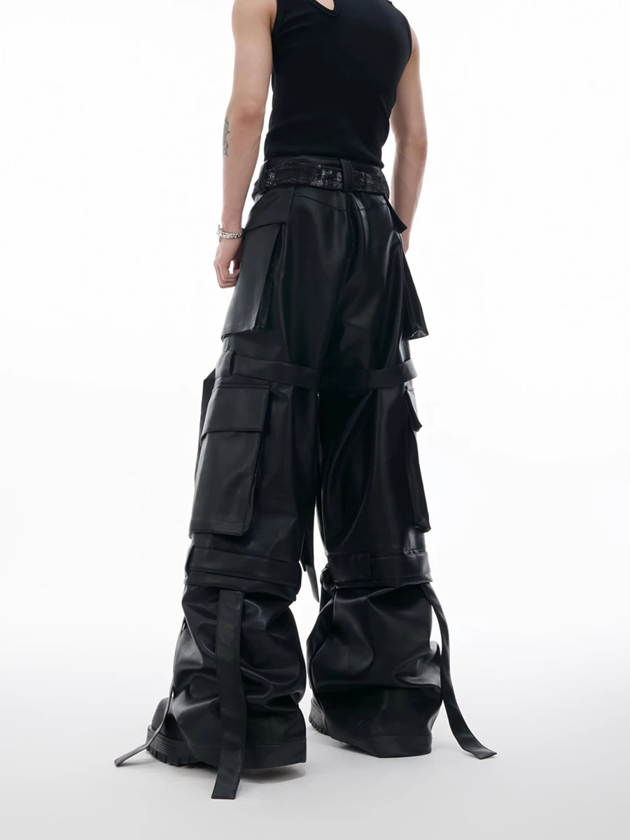 Mauroicardi otoño fresco largo holgado negro Pu cuero pantalones Cargo ...