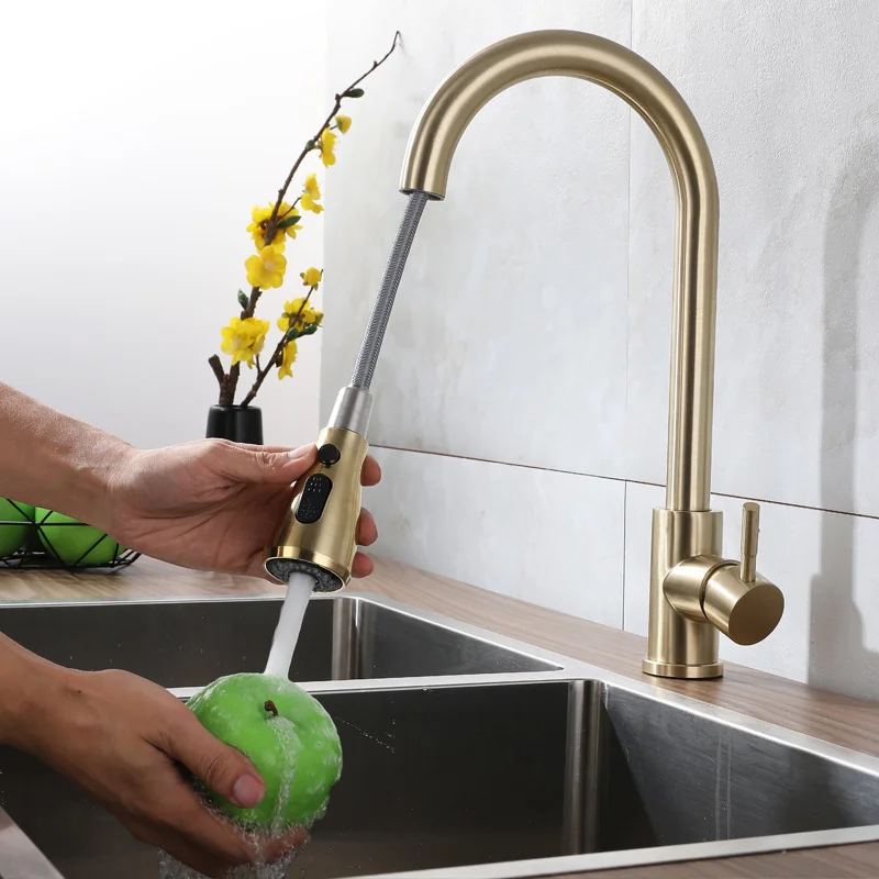Brushed Gold Kitchen Faucet Single Hole Pull Out Sink Tap 2 in 1 Stream ...