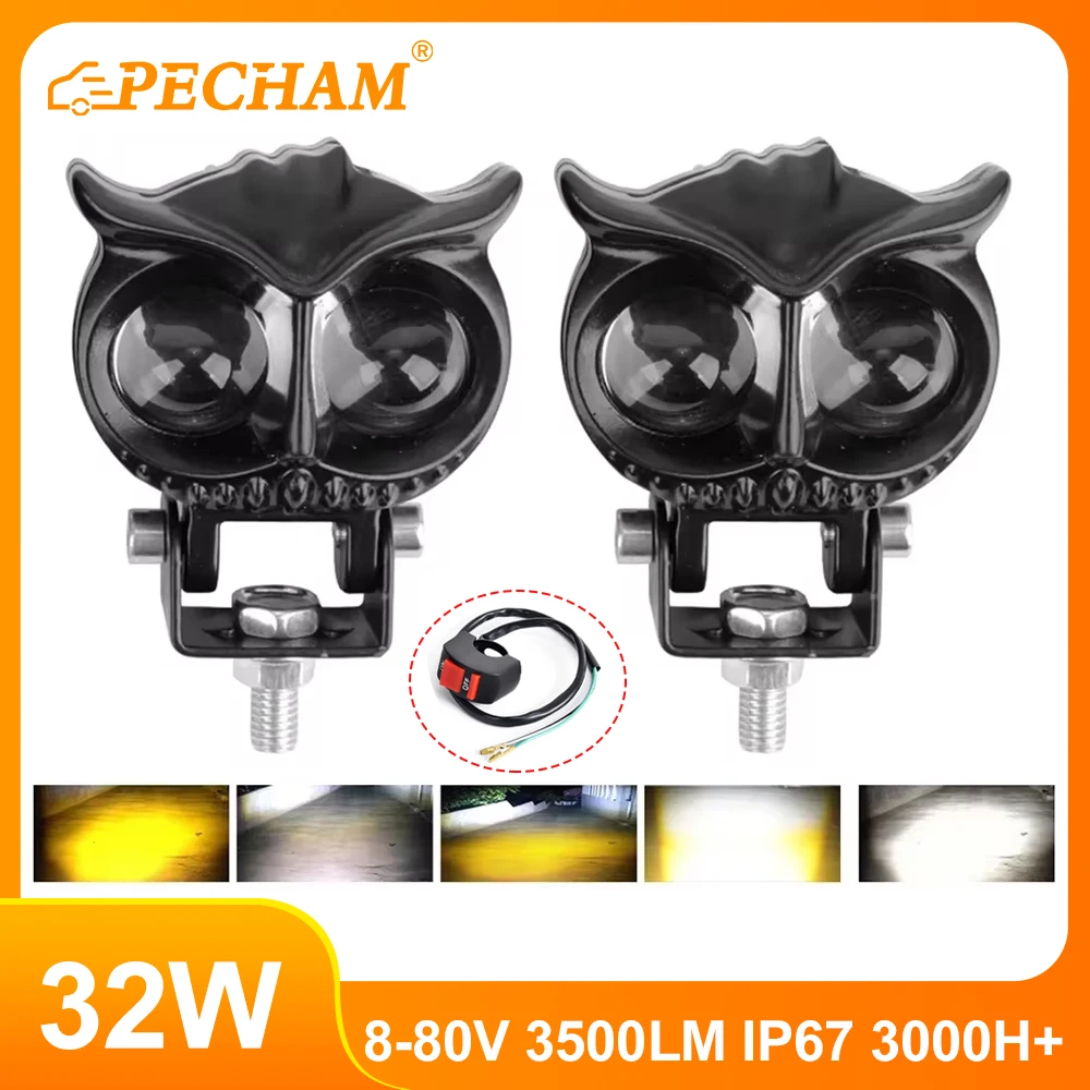 32W-Motorcycle-Spotlights-Led-3200lm-Yellow-White-Owl-Four-Mode-Strobe ...