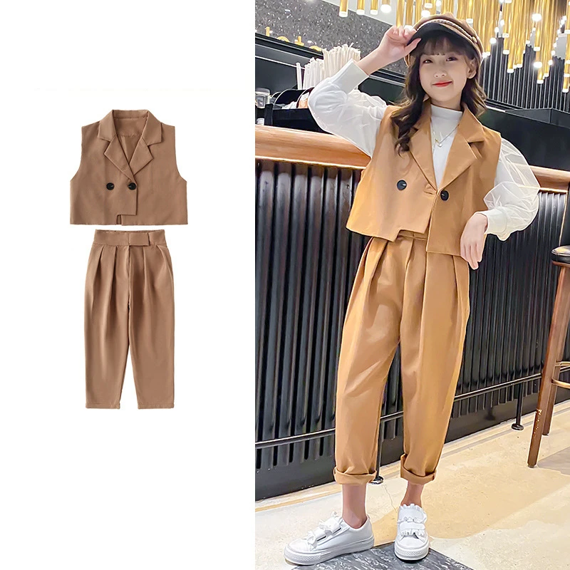 Autumn Kids Girls Blazer Suits Three Piece Sets Vest +white Tshirts ...