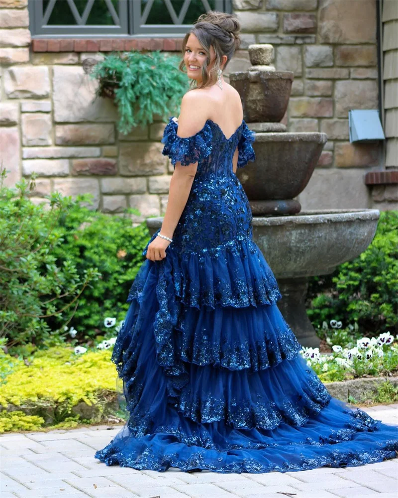 Mist Blue Beaded Off Shoulder Tulle Wedding Dress Shiny Sequins A-line ...