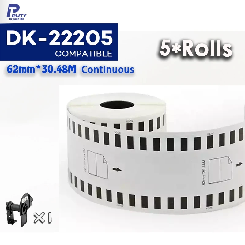 5 Rolls Compatible DK-22205 DK2205 Label 62mm*30.48M Continuous ...